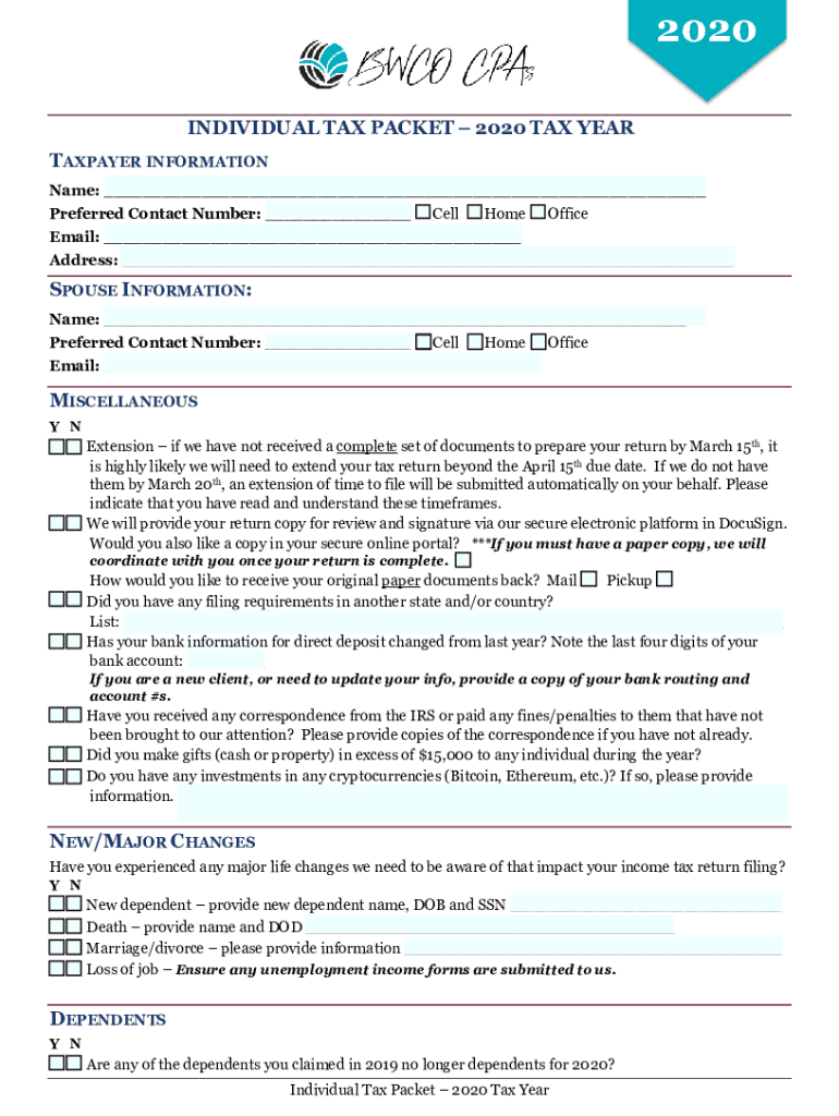 Fillable Online Individual Tax Packet - 2020 Tax Year Fax Email Print ...
