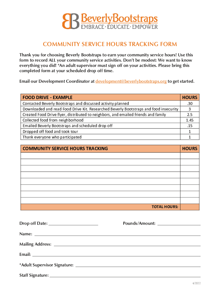 Fillable Online COMMUNITY SERVICE HOURS TRACKING FORM Fax Email Print ...