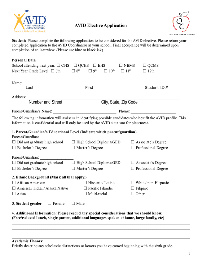Fillable Online AVID Elective Application Fax Email Print - pdfFiller