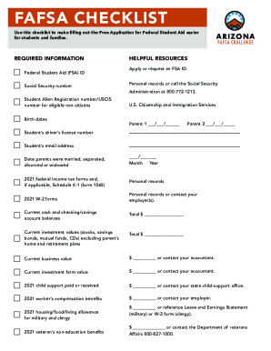 Fillable Online FAFSA Checklist. List of required information and ...