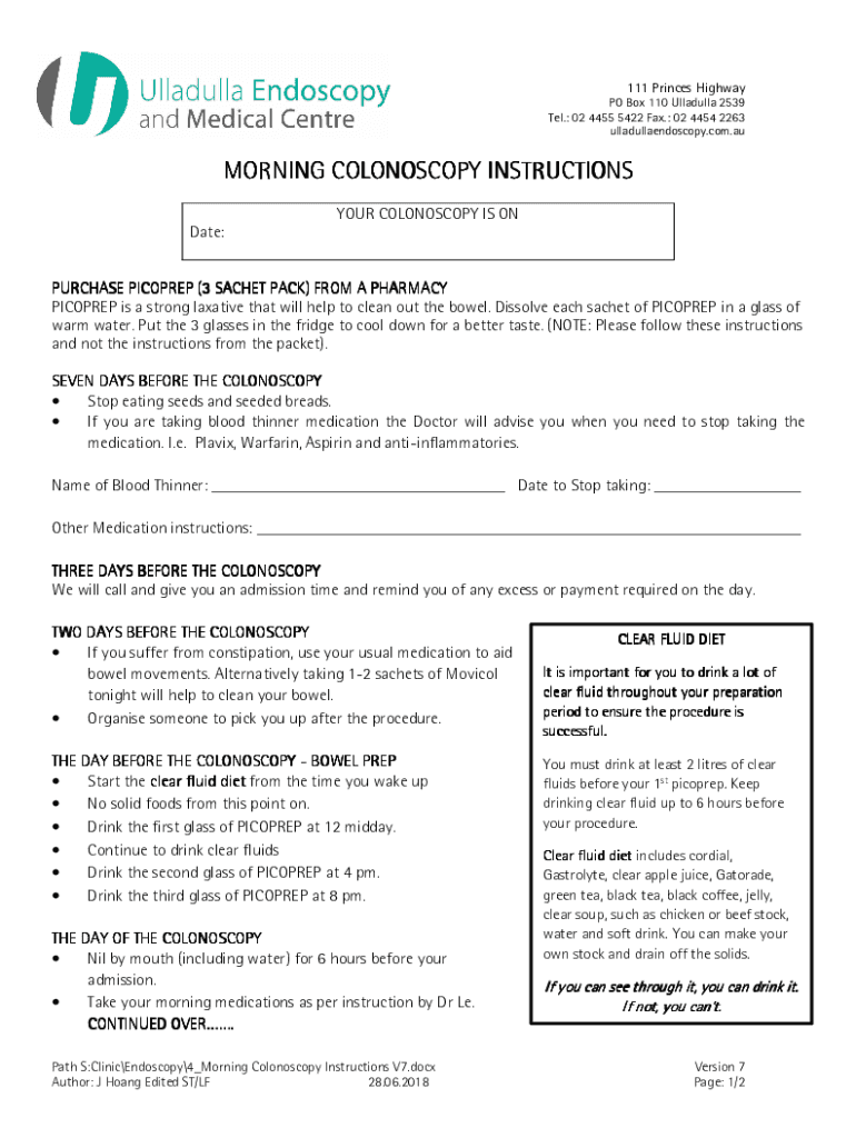 Fillable Online MORNING COLONOSCOPY INSTRUCTIONS ... Fax Email Print ...