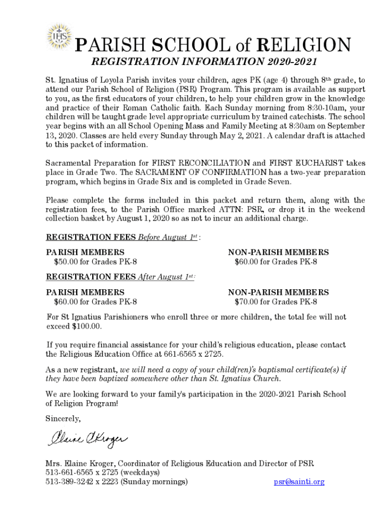 Fillable Online Parish School of Religion (PSR)St. Ignatius of Loyola ...