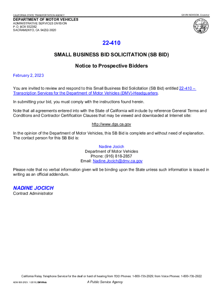 Fillable Online SMALL BUSINESS BID SOLICITATION (SB BID) Notice to ...