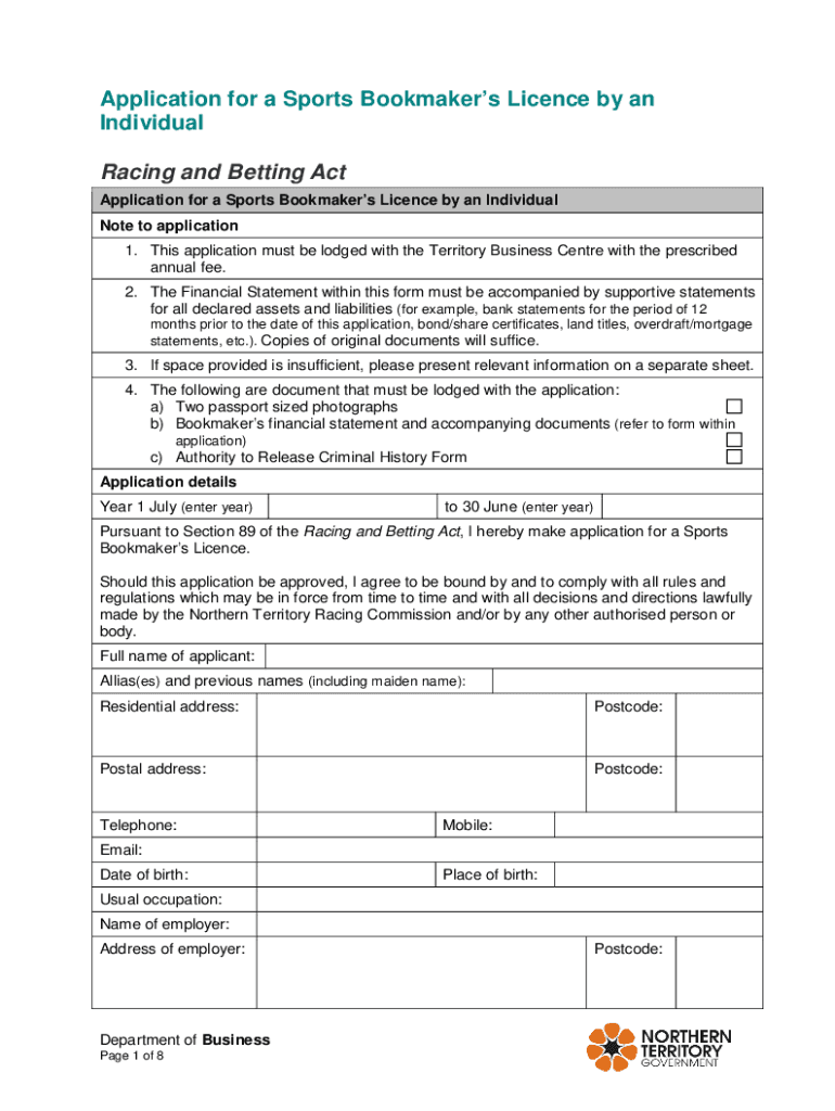 Fillable Online nt gov Application for a sports bookmaker's licence - individual Fax Email Print ...