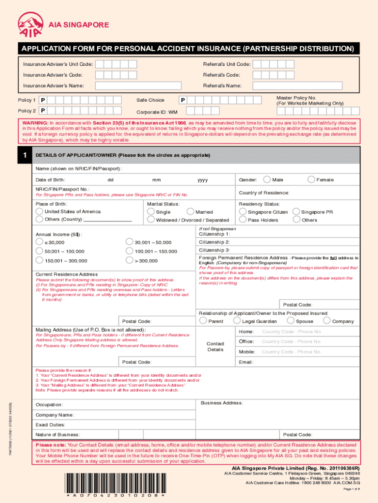 Fillable Online Application Form For Personal Accident Insurance ...