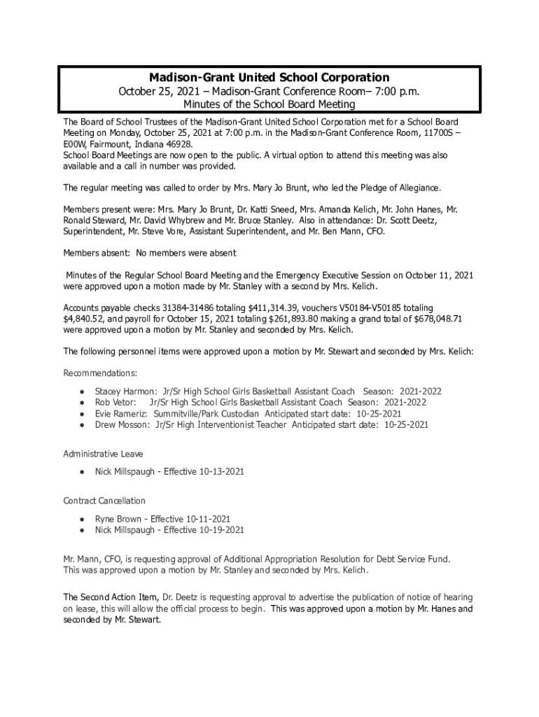 Fillable Online October 25, 2021 Madison-Grant Conference Room 7:00 p ...
