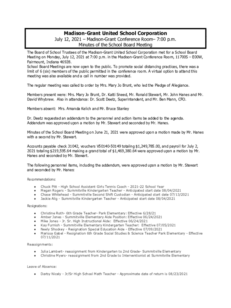 Fillable Online June 7, 2021 - Madison-Grant Conference Room- 7:00 pm ...