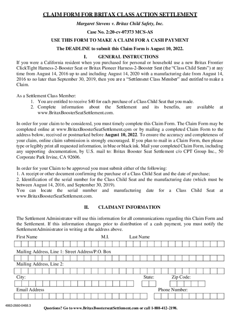 Fillable Online CLAIM FORM FOR BRITAX CLASS ACTION SETTLEMENT Fax Email ...