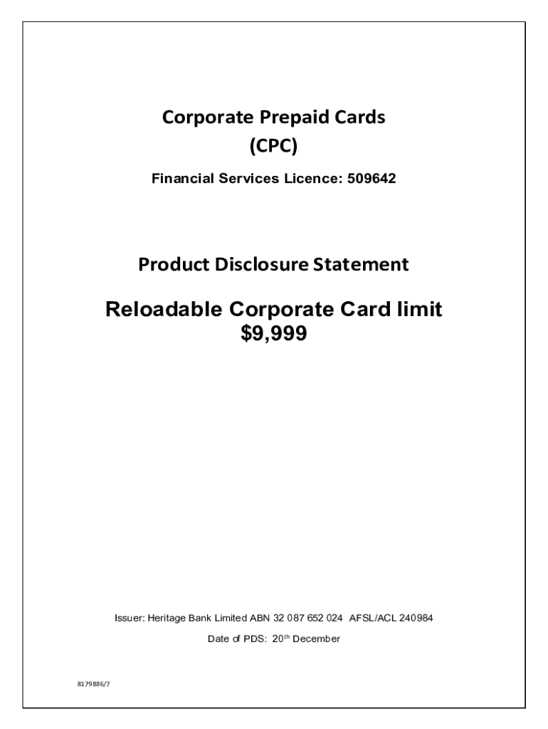 Fillable Online Corporate Prepaid Cards (CPC) Product Disclosure ...