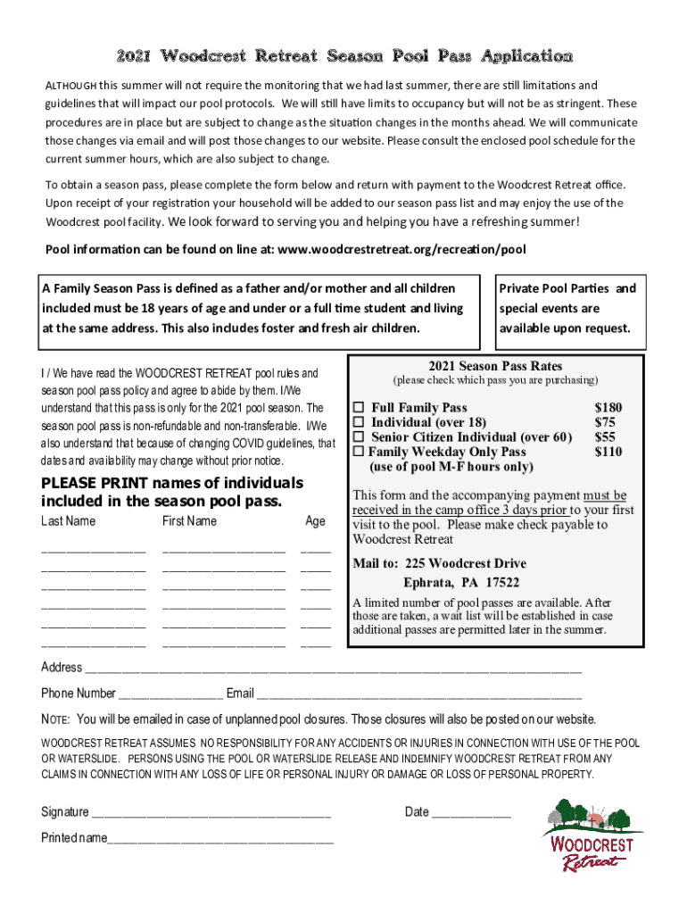 Fillable Online 2021 Woodcrest Retreat Season Pool Pass Application Fax ...