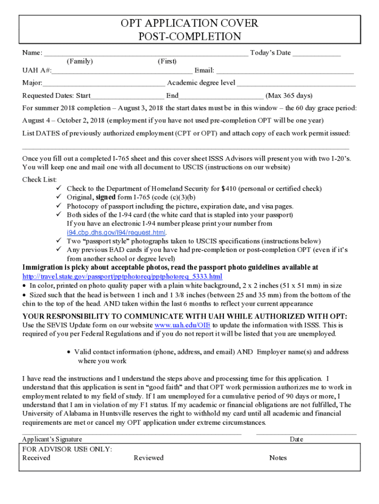 Fillable Online POST-COMPLETION OPT APPLICATION COVER Fax Email Print ...