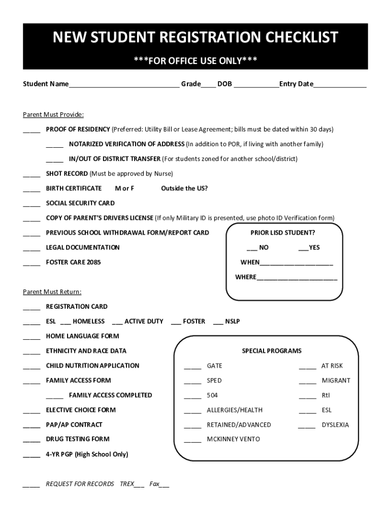 Fillable Online NEW STUDENT REGISTRATION CHECKLIST Fax Email Print ...