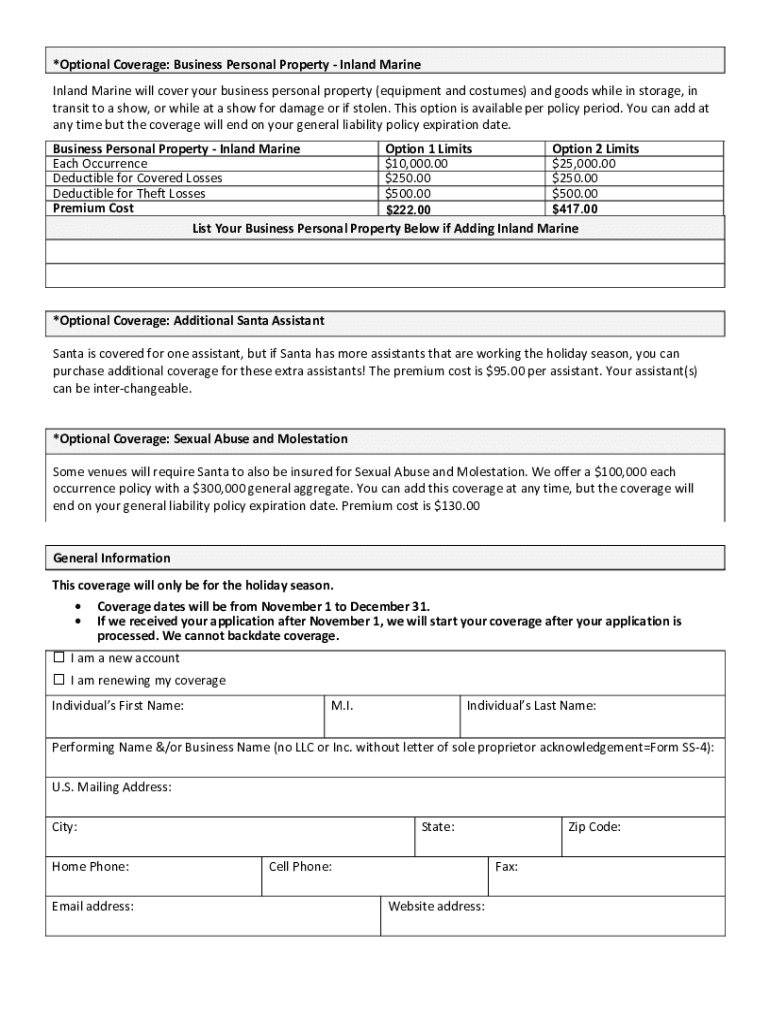 Fillable Online Performers of the U.S. Santa Insurance Application Fax ...