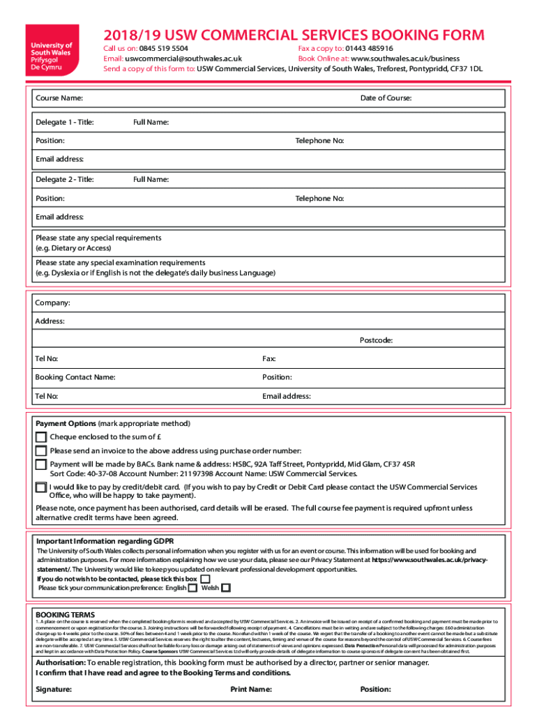 Fillable Online 2018/19 USW COMMERCIAL SERVICES BOOKING FORM Fax Email ...
