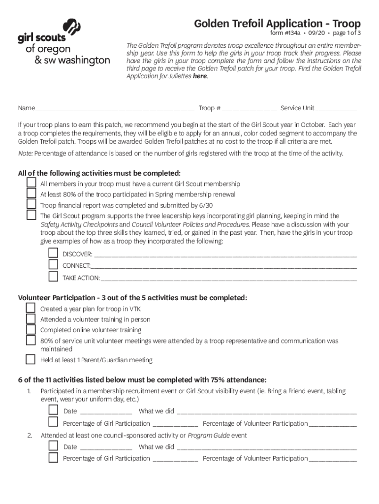 Fillable Online Golden Trefoil Application - Troop (form 134a). The ...