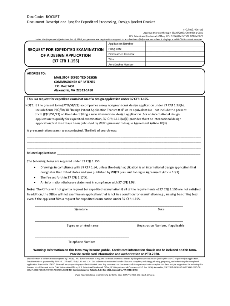 Fillable Online REQUEST FOR EXPEDITED EXAMINATION OF A DESIGN ... Fax Email Print - pdfFiller