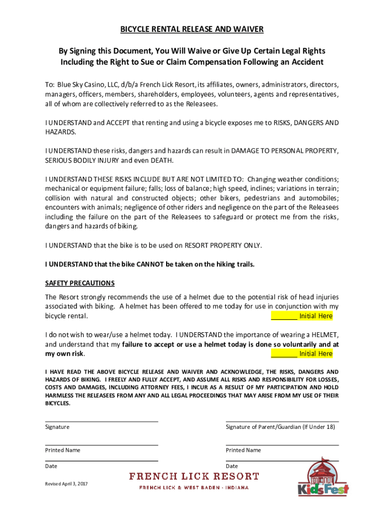 Fillable Online equipment rental agreement, release of liability ...