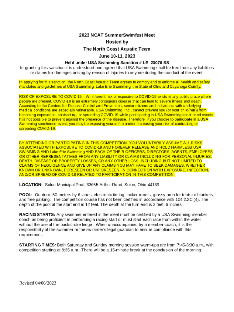 North Coast Aquatic Team - NCAT Hosted Meets Doc Template | pdfFiller