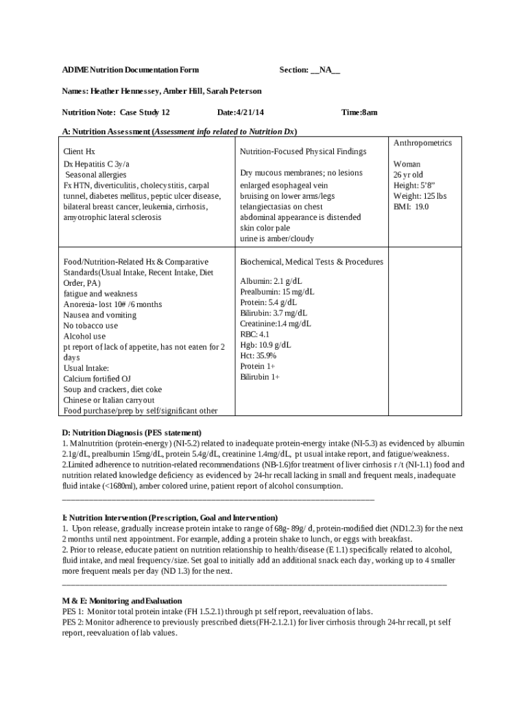 Fillable Online ADIME Nutrition Documentation Form Section: NA Names ... Fax Email Print - pdfFiller