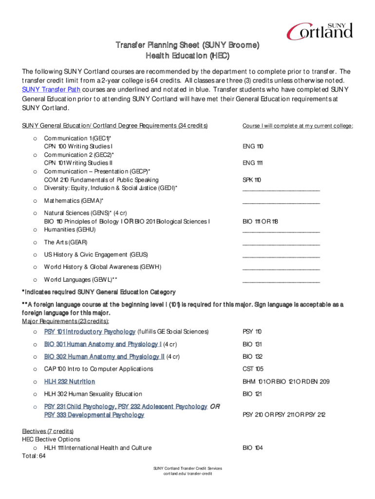 Fillable Online www2 cortland Transfer Planning Sheet (SUNY Broome ...