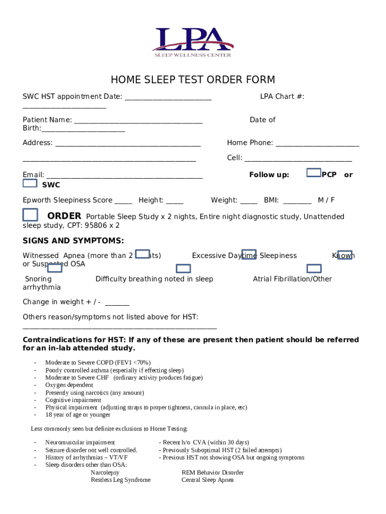 Home Sleep Test Order Doc Template | pdfFiller