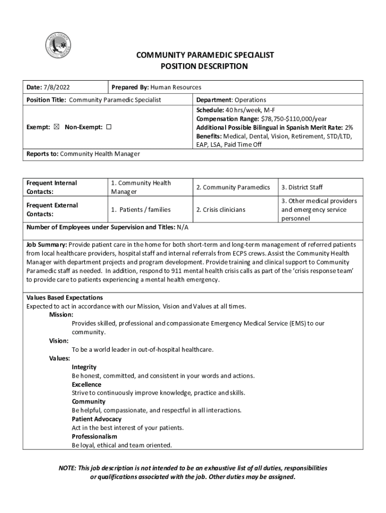 Fillable Online EMS Unlimited Community Paramedic - August Start Date ...