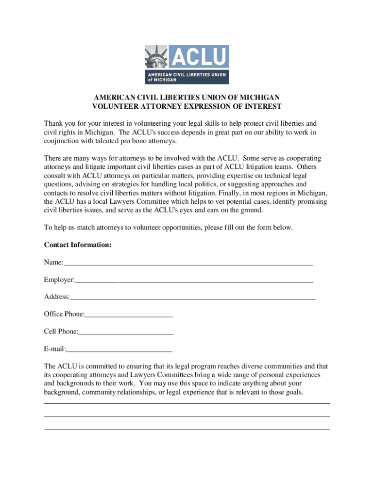 Fillable Online Volunteer Attorney Questionnaire - Take Action - ACLU ...