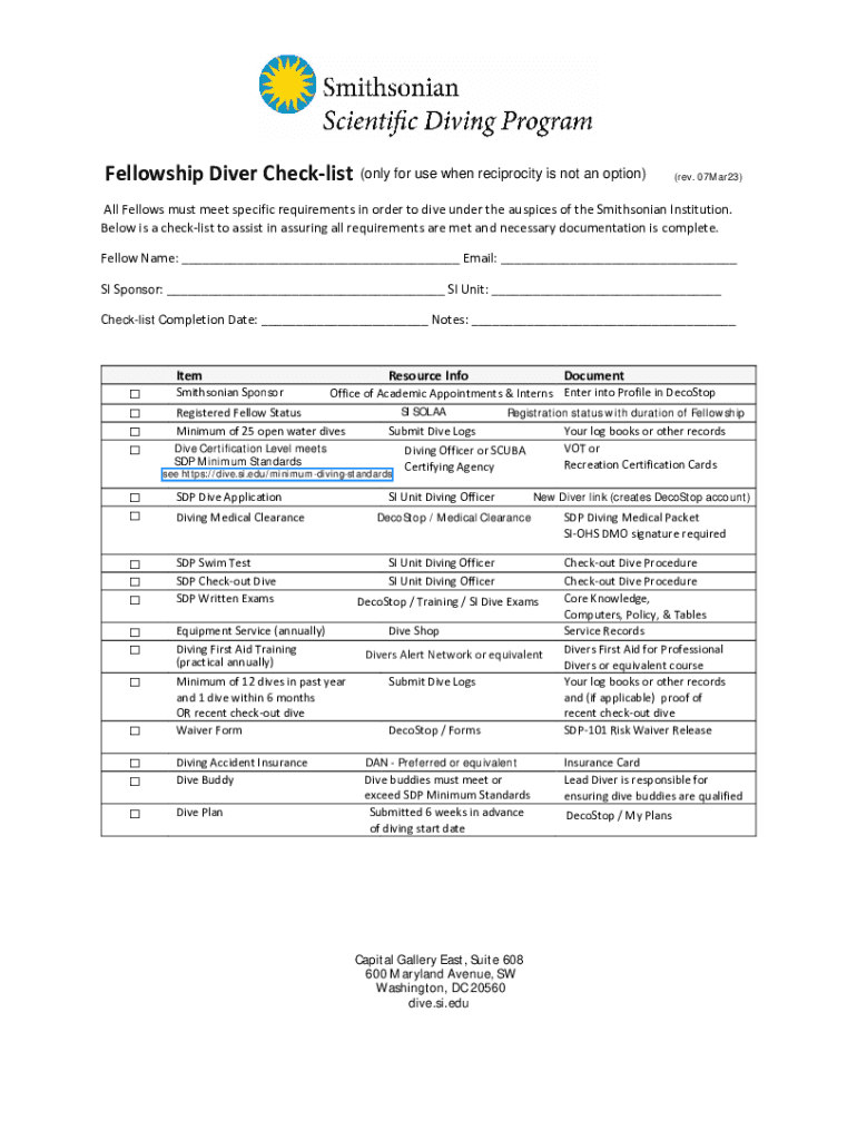 Fillable Online dive si SDP Fellow Check-list. SDP Diving Authorization ...