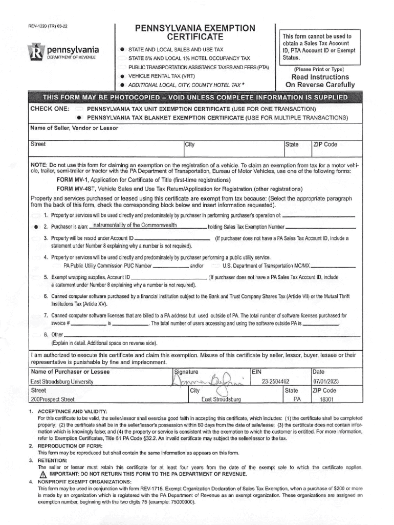 Fillable Online Howe PTA Pennsylvania Exemption Certificate (REV-1220 ...