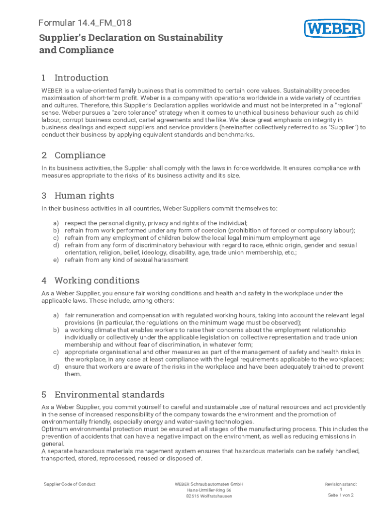 Fillable Online Supplier's Declaration on Sustainability and Compliance ...
