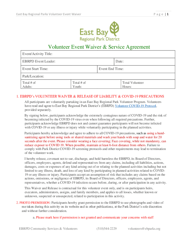 Fillable Online East Bay Regional Parks Volunteer Event Waiver Fax ...