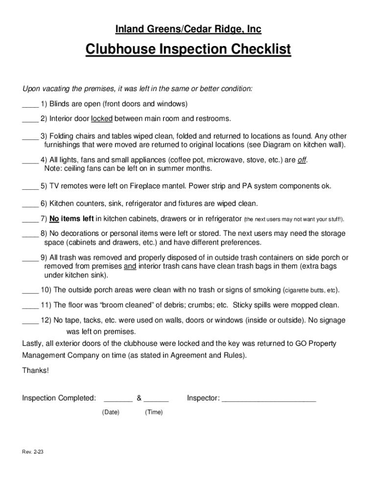 Fillable Online Clubhouse Inspection Checklist - Inland Greens Fax ...