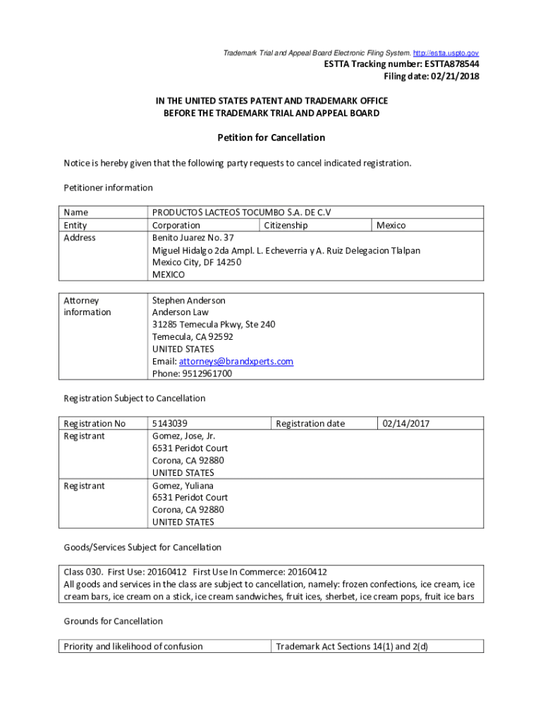 Fillable Online ESTTA Tracking number: ESTTA878544 Fax Email Print ...