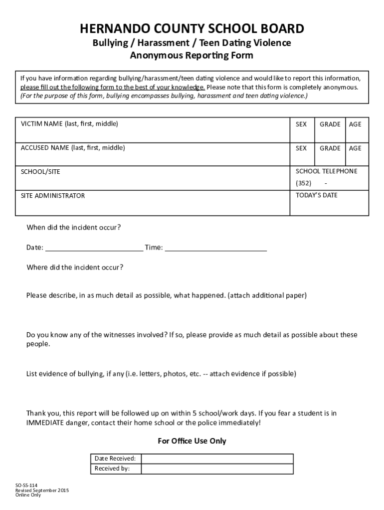 Fillable Online Bullying / Harassment / Teen Dating Violence Anonymous ...