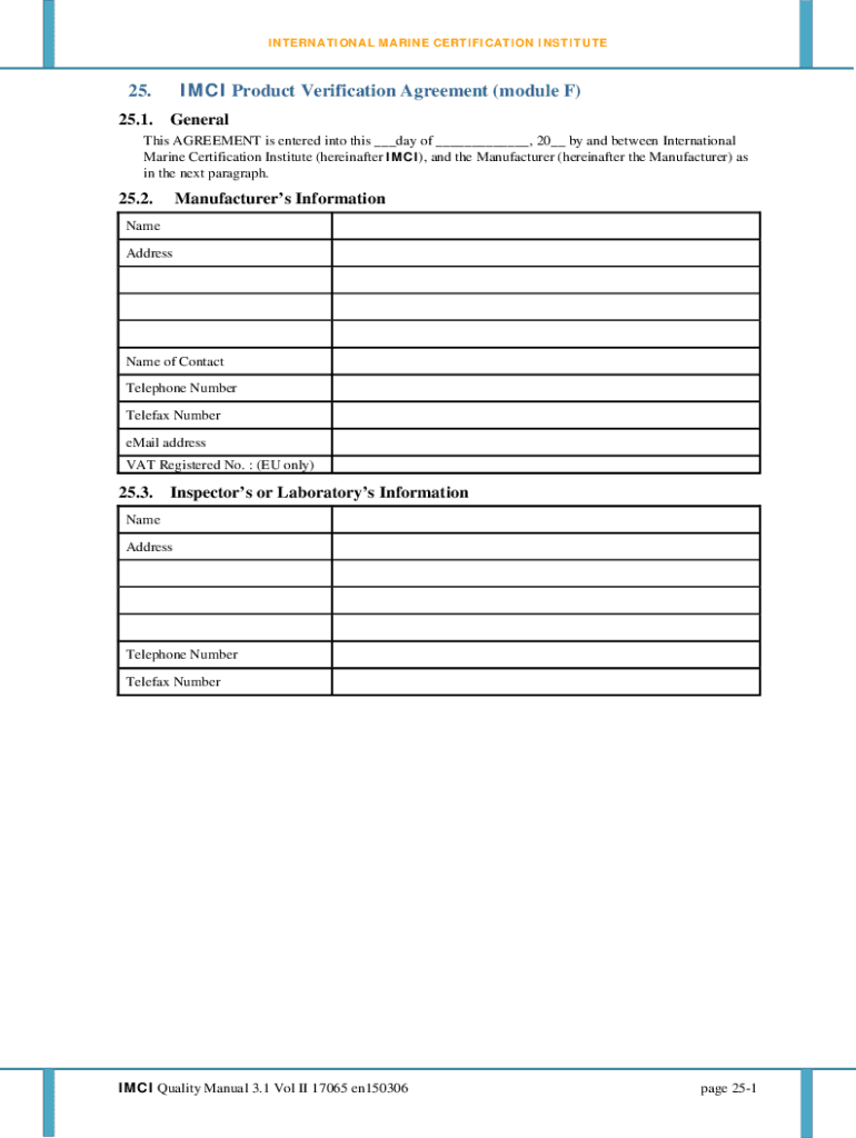 Fillable Online 25. IMCI Product Verification Agreement (module F) Fax Email Print - pdfFiller