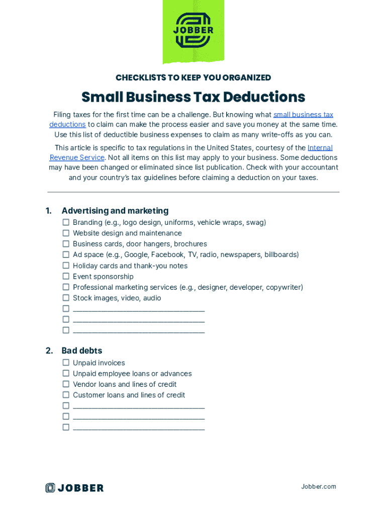 Fillable Online Small Business Tax Deductions ChecklistSmart Service ...