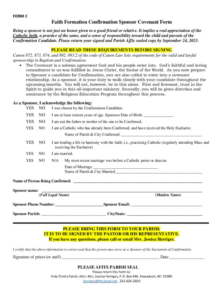Fillable Online Faith Formation Confirmation Sponsor Covenant Form Fax ...