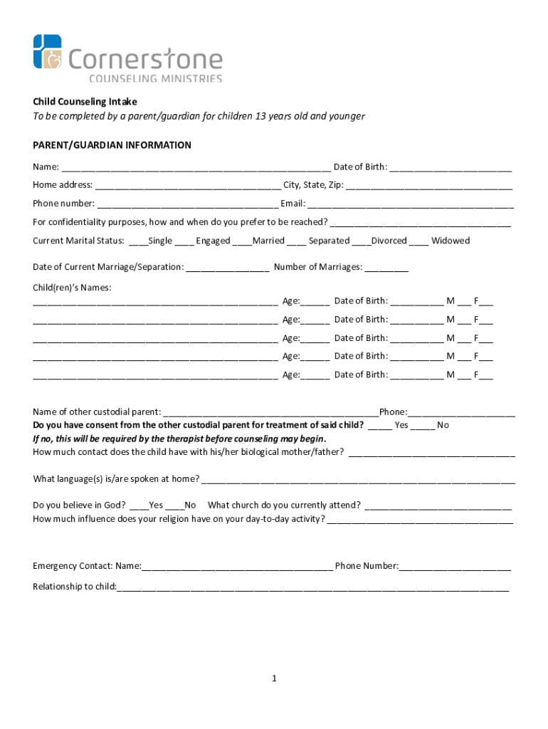 Fillable Online Child Counseling Intake To be completed by a parent ...