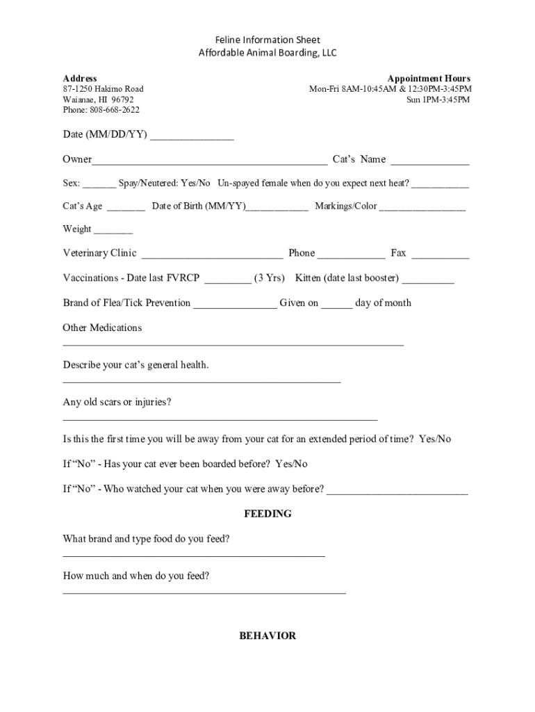 Fillable Online Feline Information Sheet - Affordable Animal Boarding ...
