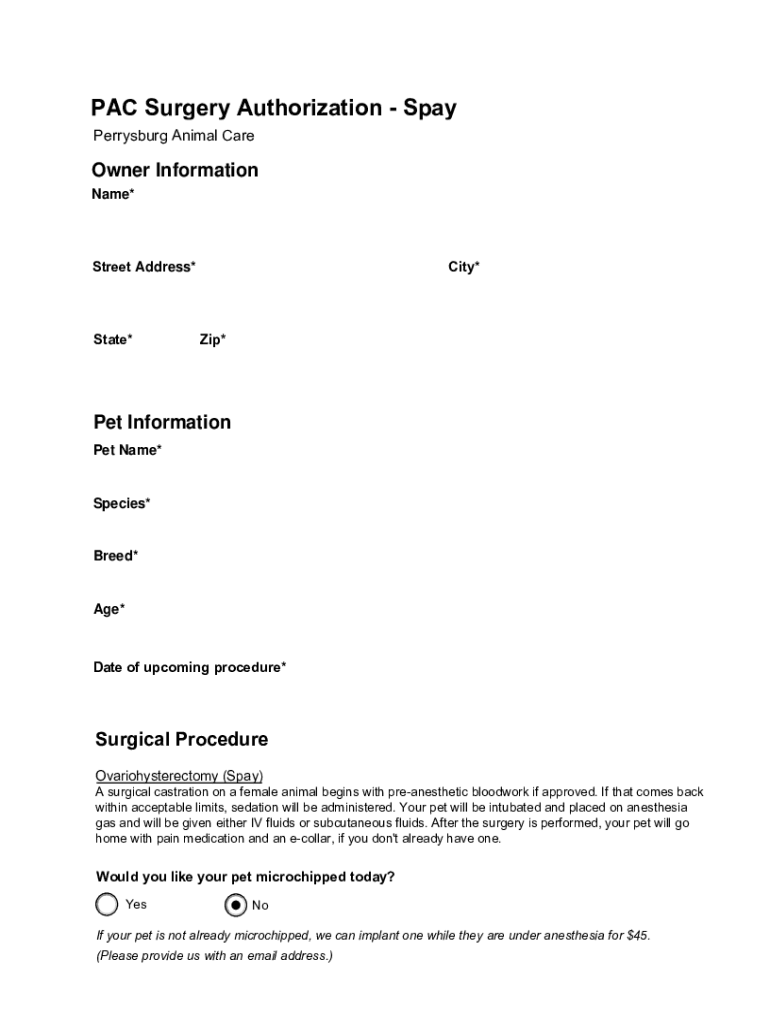 Fillable Online PAC Surgery Authorization - Spay - Owner Information ...
