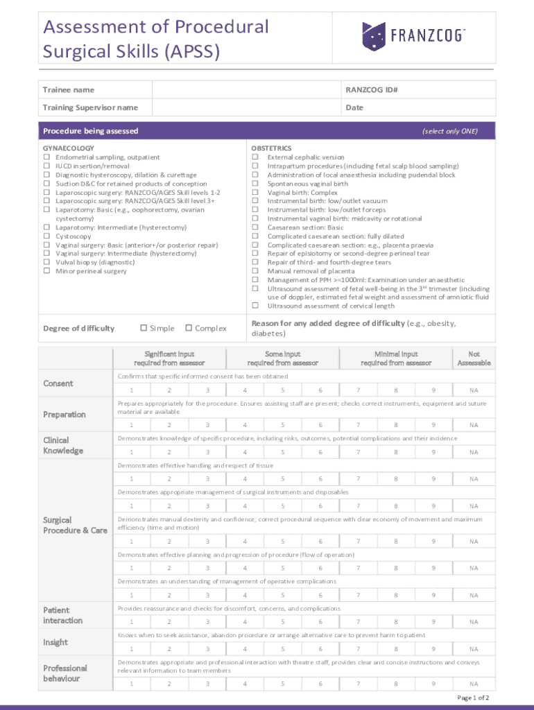 Fillable Online ranzcog edu FRANZCOG APSS General Assessment Form Fax ...