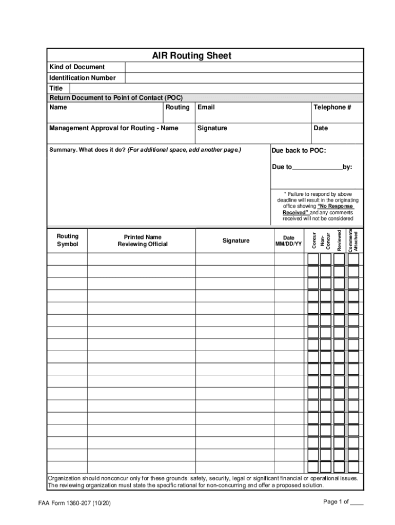 Fillable Online FAA Form 1360-207, AIR Routing Sheet. AIR Routing Sheet ...
