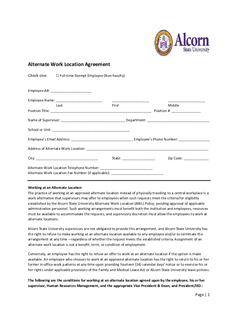 Fillable Online Alternate Work Location Request and Telework Agreement Fax Email Print - pdfFiller
