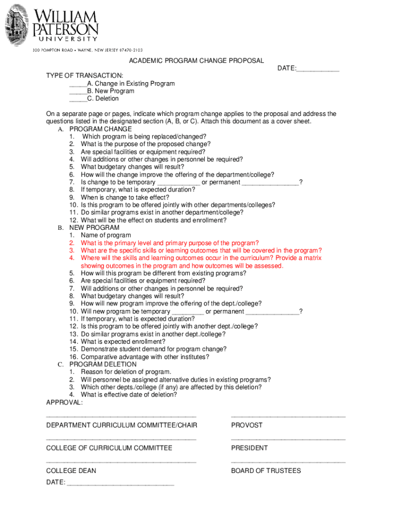 Fillable Online ACADEMIC PROGRAM CHANGE PROPOSAL Fax Email Print ...