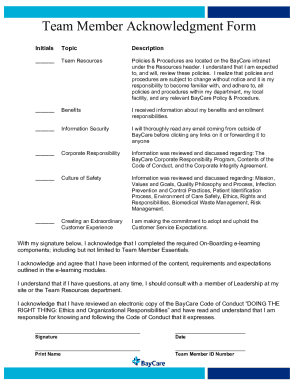 Fillable Online Team Member Acknowledgment Form Fax Email Print - pdfFiller