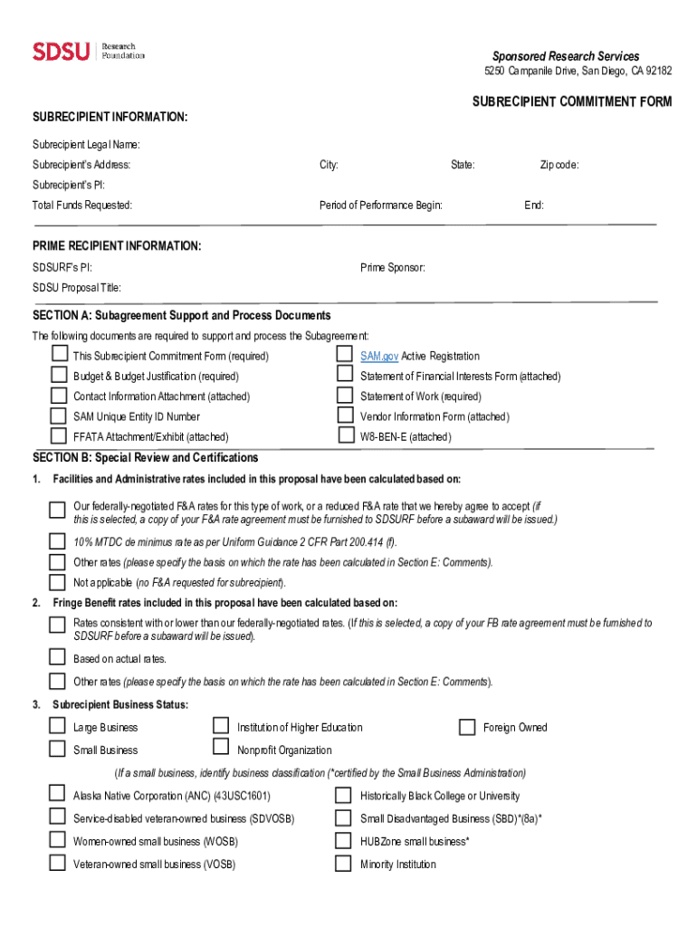 Fillable Online foundation sdsu Subrecipient Commitment Form Guidance - Sponsored Projects Fax ...