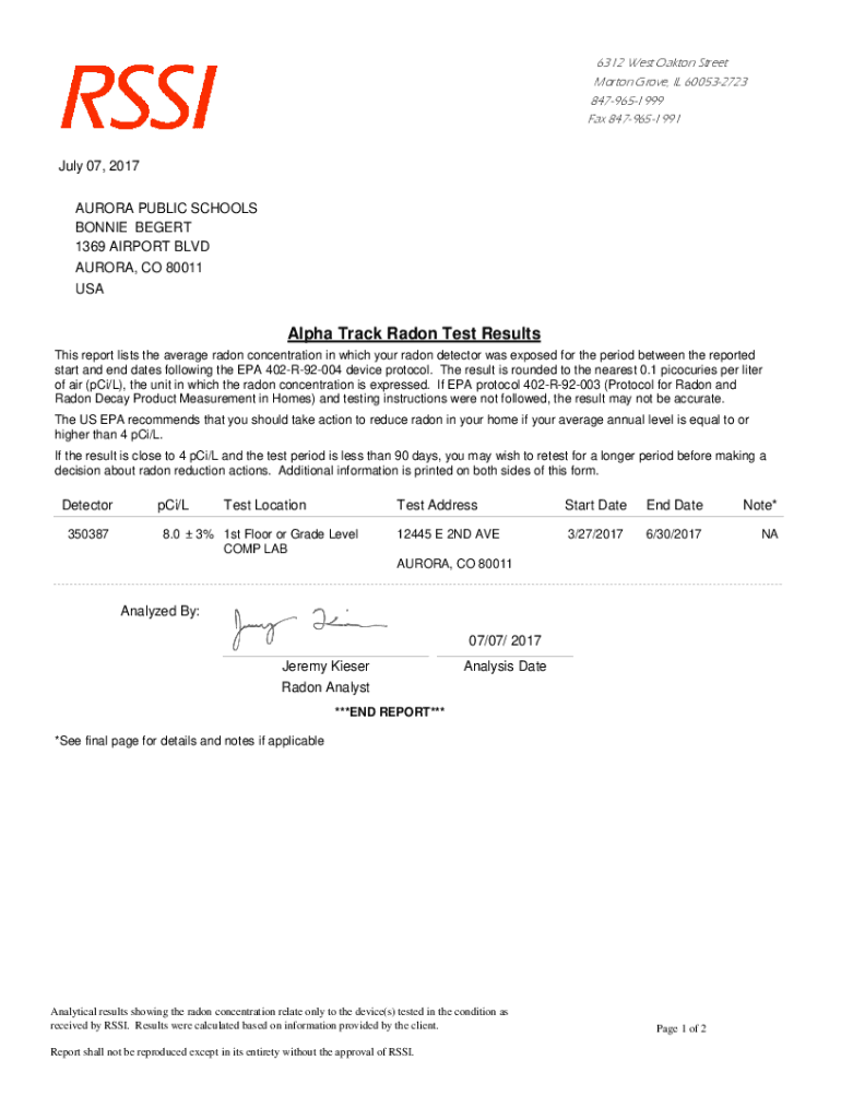 Fillable Online env aurorak12 Alpha Track Radon Test Results Fax Email ...