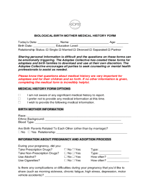 Fillable Online BIOLOGICAL/BIRTH MOTHER MEDICAL HISTORY FORM Fax Email ...