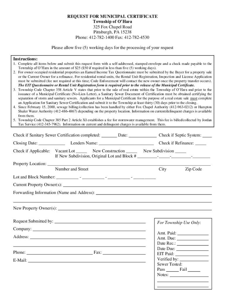 Fillable Online REQUEST FOR MUNICIPAL CERTIFICATE Fax Email Print ...