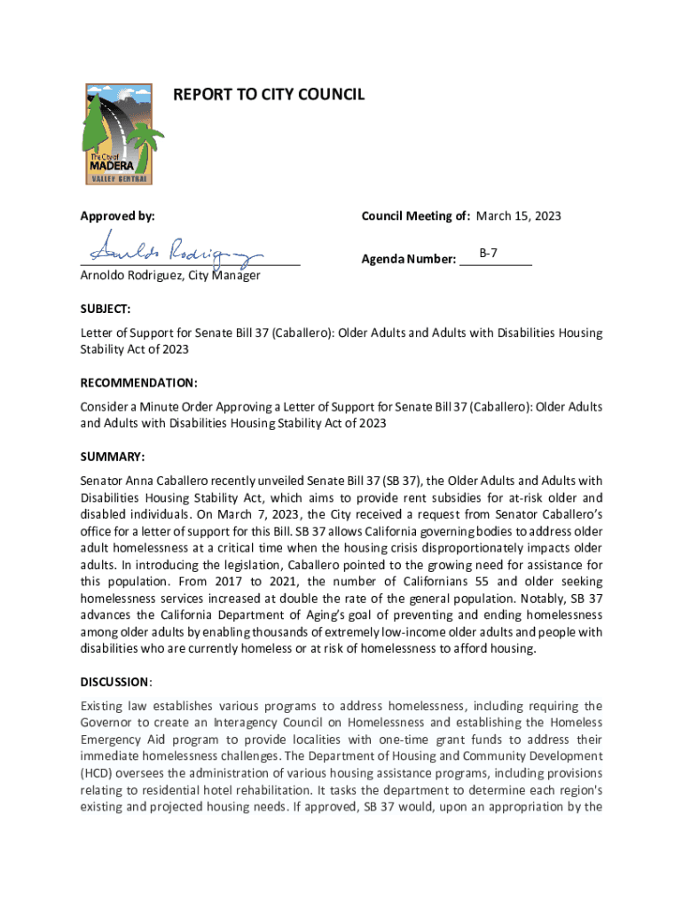 Fillable Online Letter of Support for Senate Bill 37 (Caballero) Fax ...
